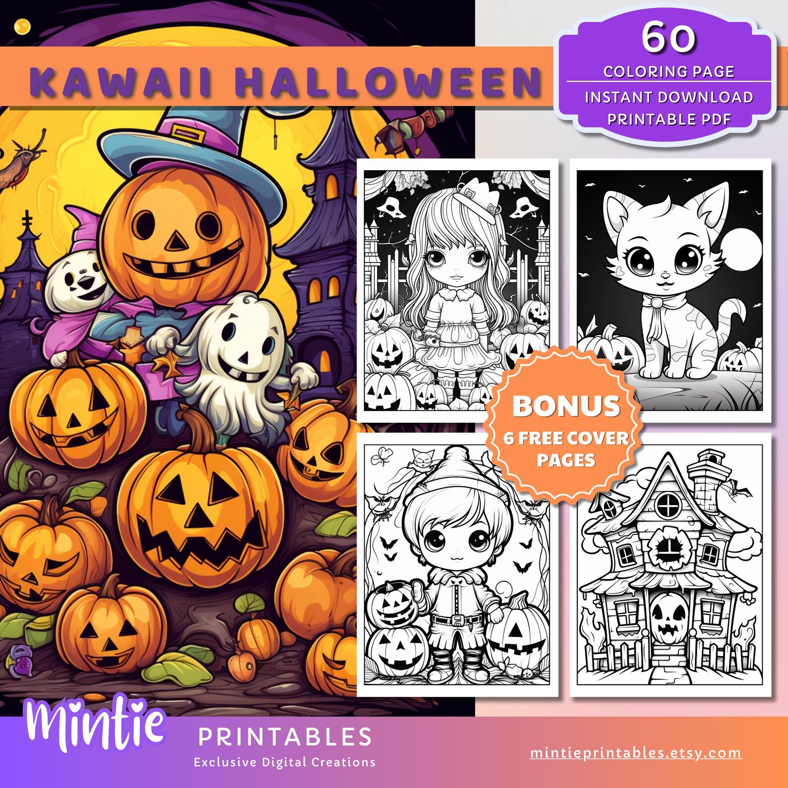 Kawaii Halloween Coloring Pages, 60 Pages, Cute Coloring, Creepy Kawaii ...