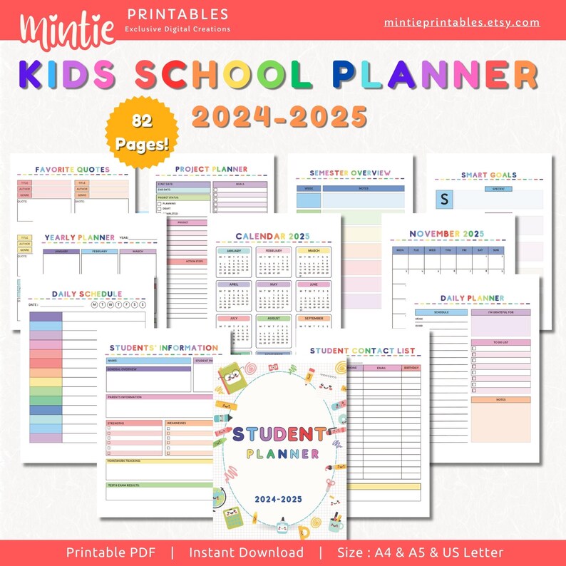 Kids School Planner 2024-2025 Student Planner Digital PDF School ...