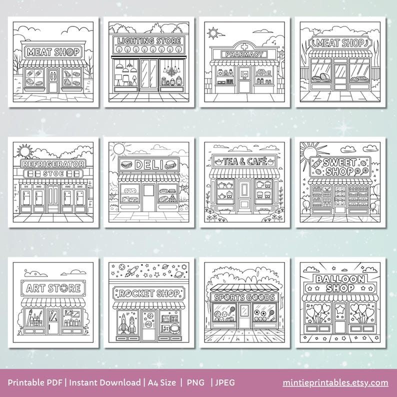 Kawaii Storefronts Coloring Book, Urban Sketch Art (PDF) - Etsy