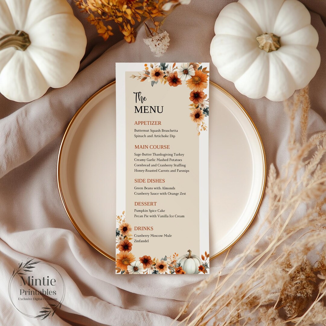 Thanksgiving Menu Template, Rustic Pumpkin Menu Printable, Fall Menu ...