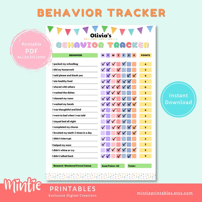 Kids Behavior Reward Chart: Printable Tracker (PDF) - Etsy