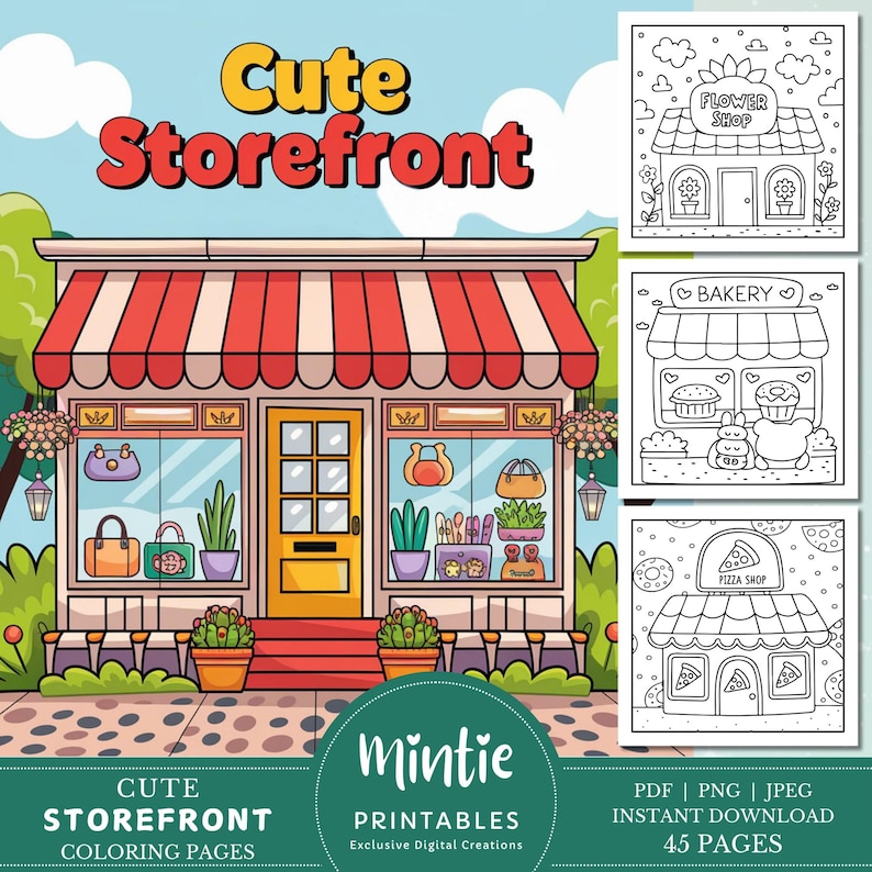Kawaii Town Storefronts Coloring Pages for Adults, Cute Shop Coloring ...