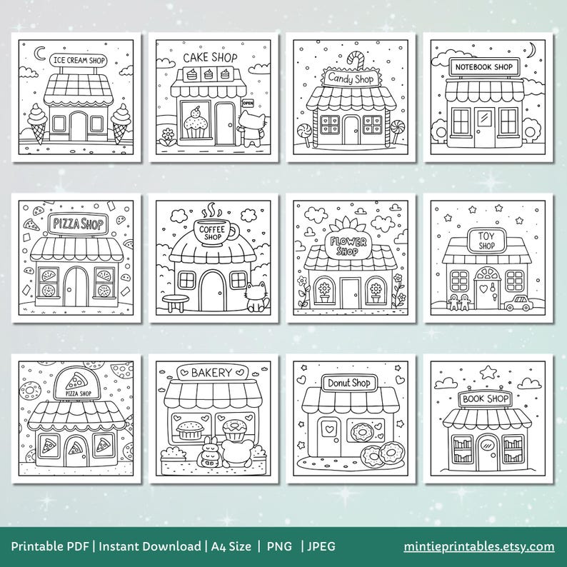 Kawaii Town Storefronts Coloring Pages for Adults, Cute Shop Coloring ...