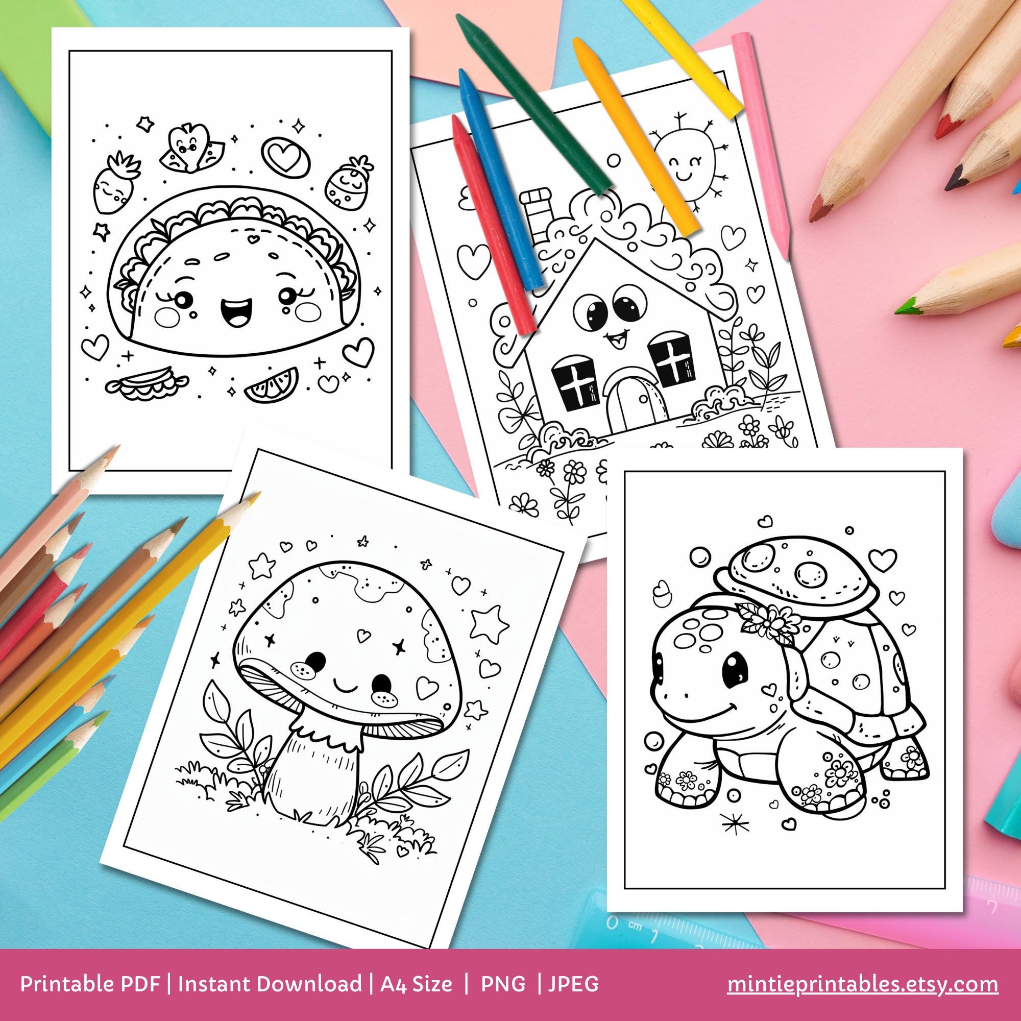 Kawaii Food & Animals Coloring Book | 120 Bold Easy Pages (PDF A4 Size ...