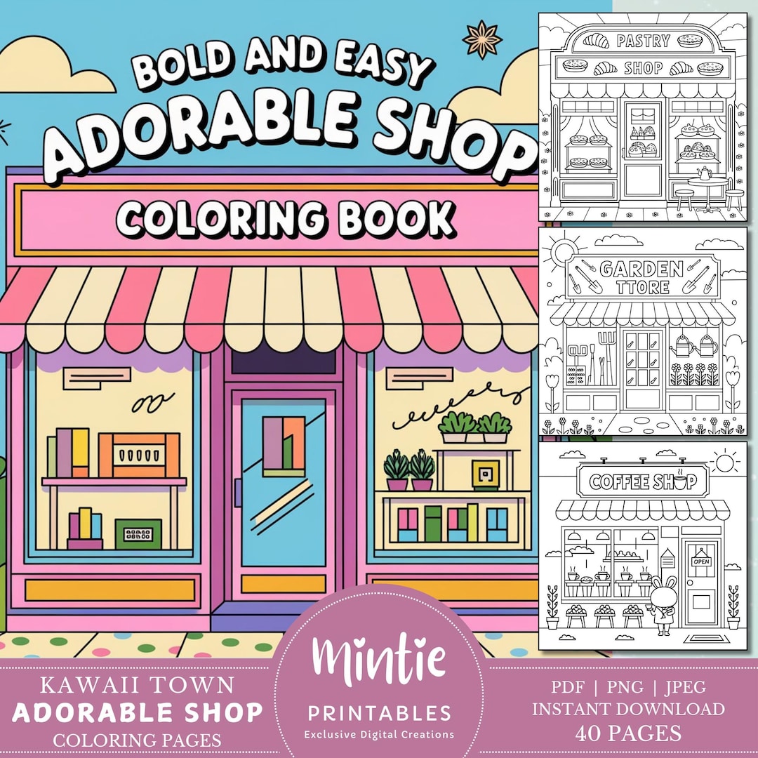 Kawaii Town Storefronts Coloring Pages, Cute Shop Coloring Book, Bold ...