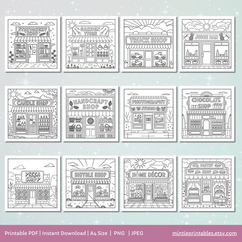 Kawaii Storefronts Coloring Book, Urban Sketch Art (PDF) - Etsy