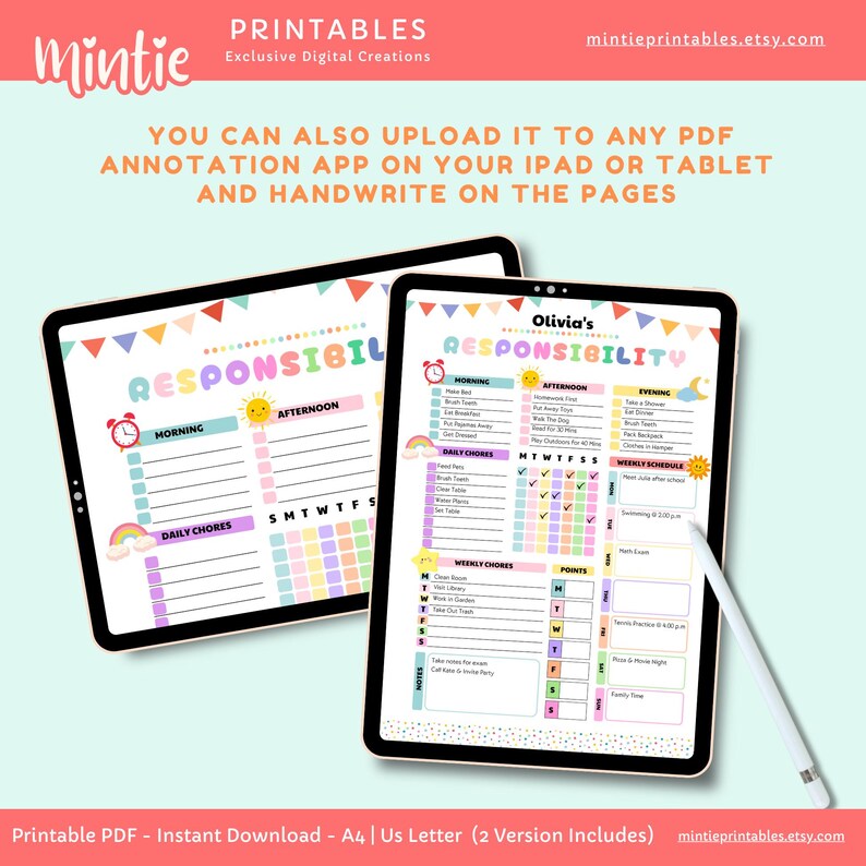 Responsibility Chore Chart for Kids Printable Kids Weekly Schedule Kids ...
