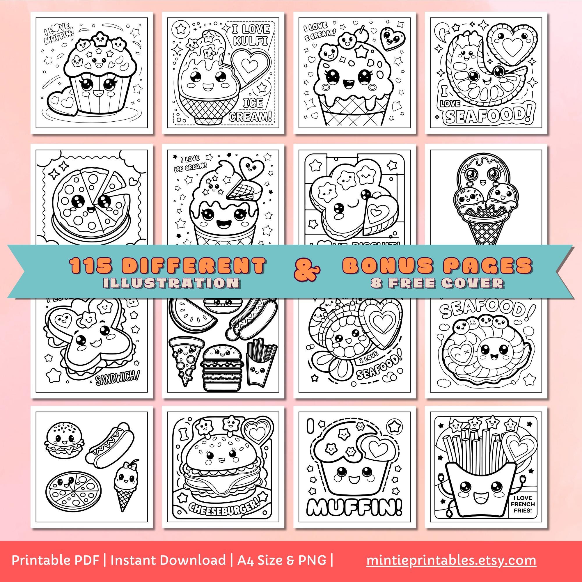 115 Cute Kawaii Food Coloring Book | Printable PDF | Instant Digital ...
