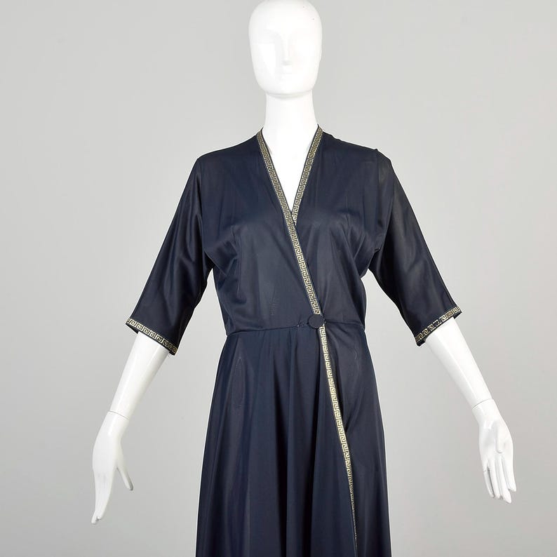 XS 1950s Navy Blue Robe Gold Trim Half Sleeve Wrap Silky Nylon Dressing ...