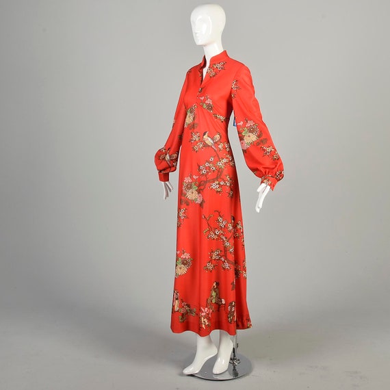 1970s Medium Red Bird Novelty Print Maxi Dress Long S… - Gem