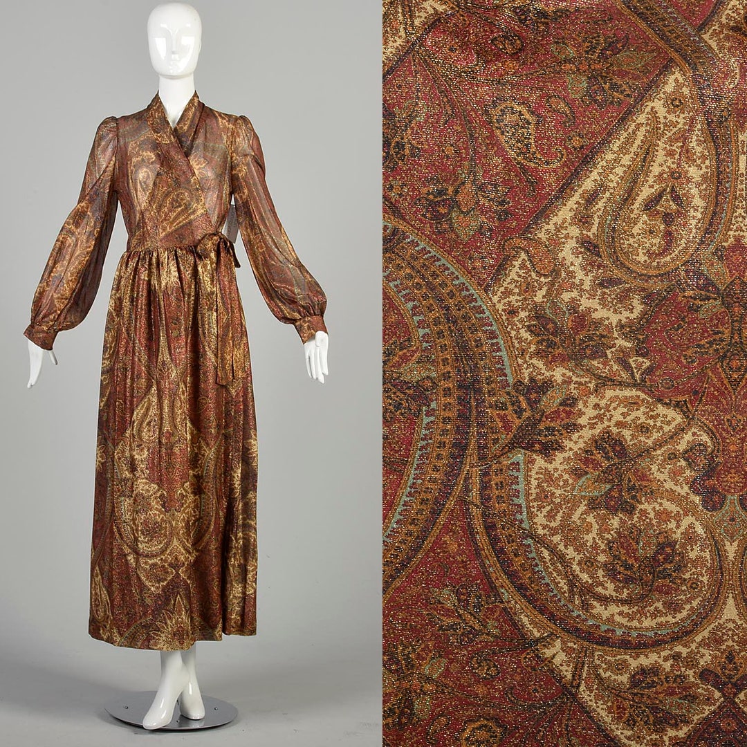 Medium 1970s Dressing Gown Gold Lurex Paisley Maxi Wrap Dress Duster ...