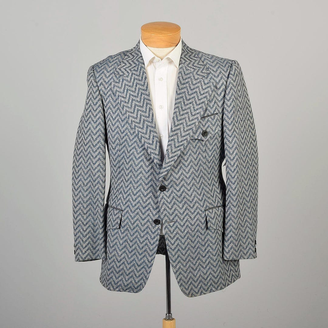 Large 1970s Wool Herringbone Belted Back Jacket Wide Lapel Blazer Blue ...