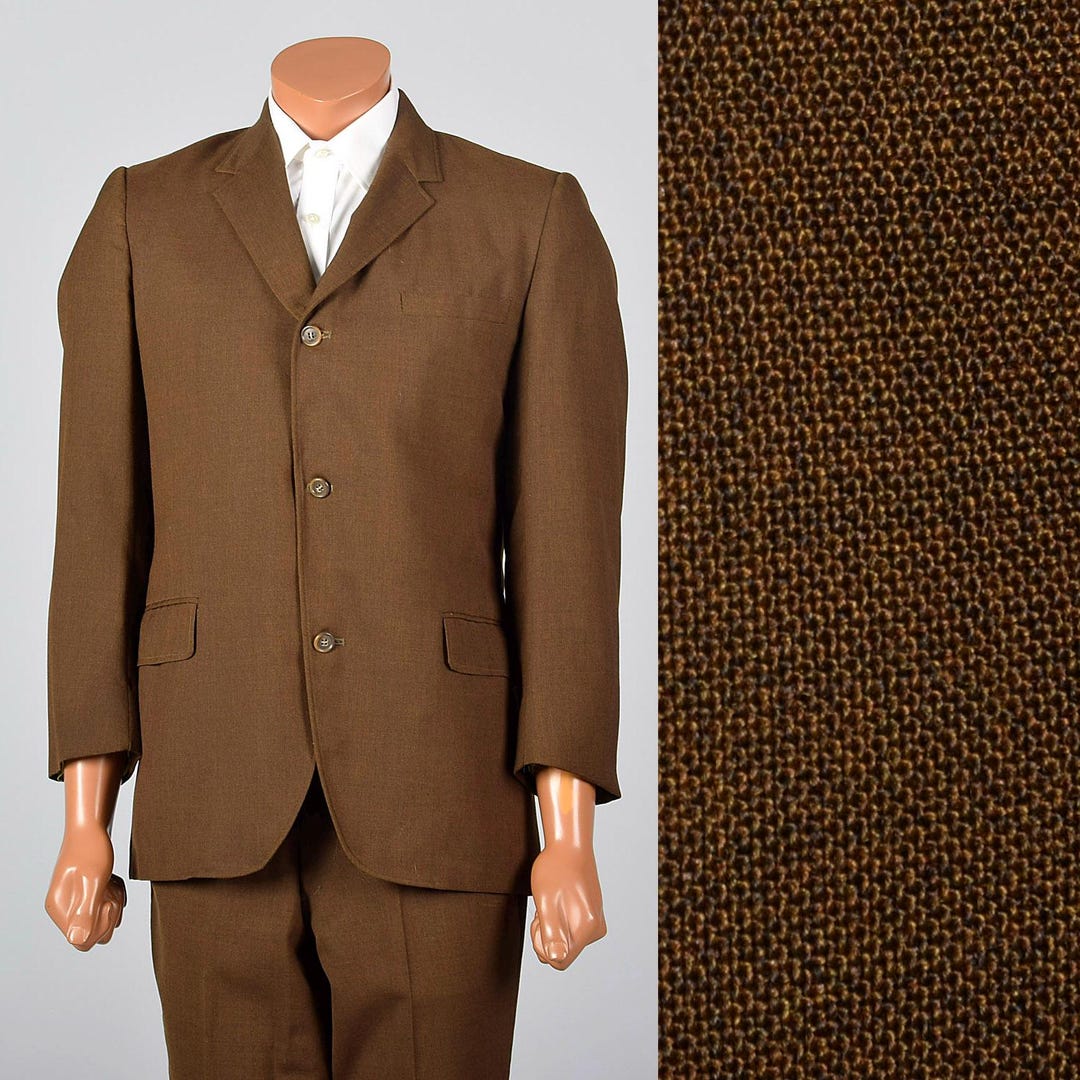 Medium 1960s Vintage Mens Brown 2pc Suit 39L Convertible Pockets 3 Roll ...