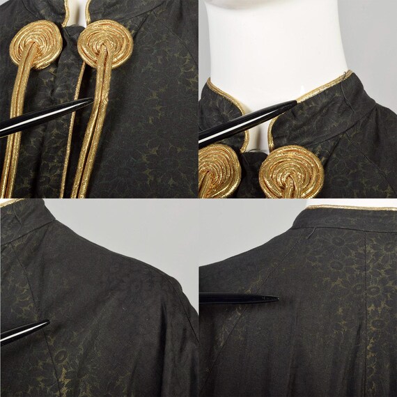 Large 1950s Black Housecoat Gold Trim Floral Print Sh… - Gem