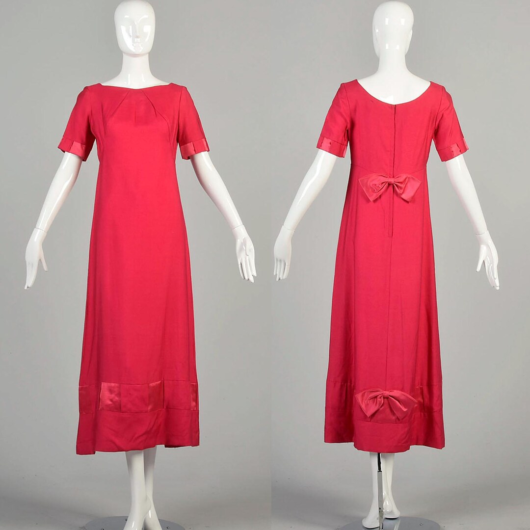 Small 1960s Hot Pink Fuschia Dress Bow Back Midi Length Empire Waist ...