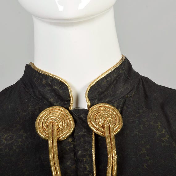 Large 1950s Black Housecoat Gold Trim Floral Print Sh… - Gem