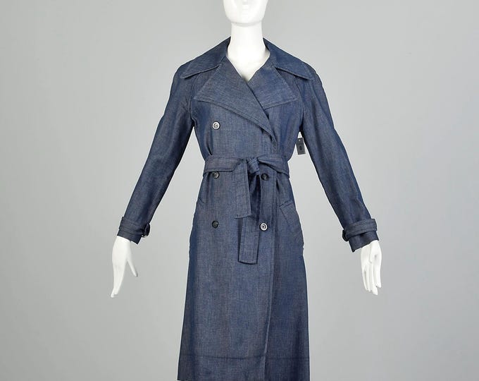 Small 1970s Double Breasted Denim Trench Coat Knee Length Jean Jacket ...