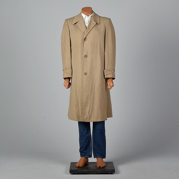 42 Mens 1950s Tan Wool Winter Coat Overcoat Long Slee… - Gem
