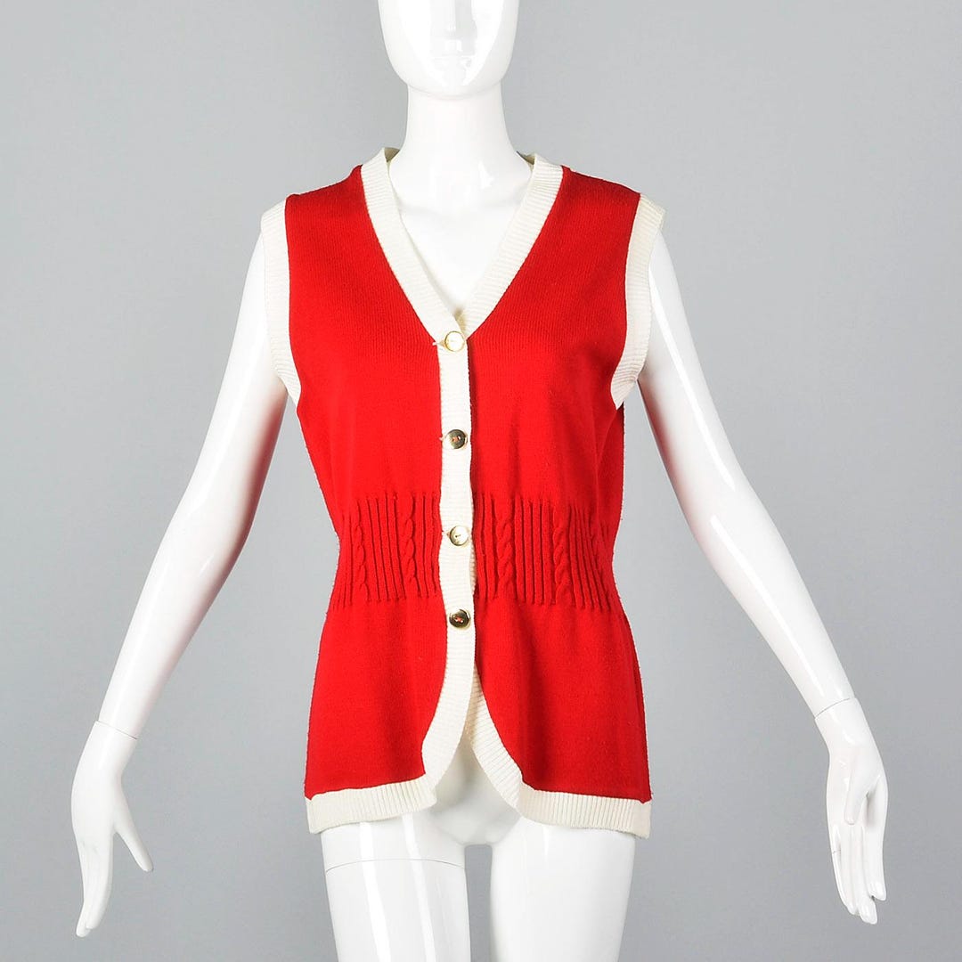 Medium 1960s Red Knit Vest Sleeveless Vest Button Front V Neck Fall ...
