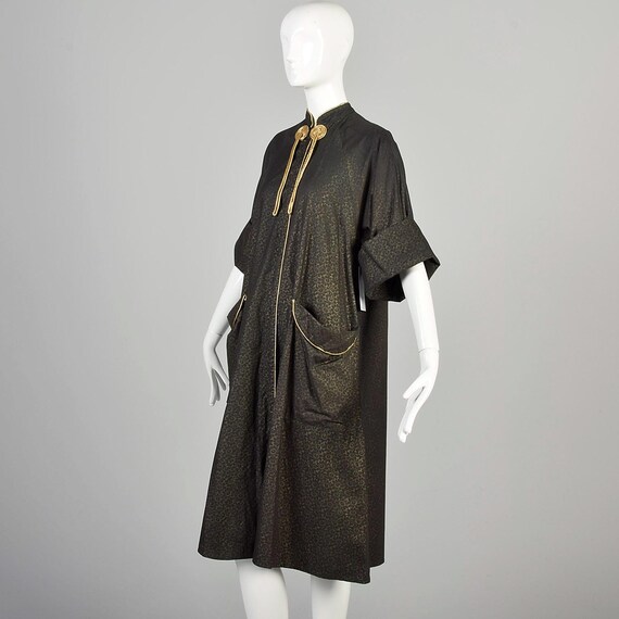 Large 1950s Black Housecoat Gold Trim Floral Print Sh… - Gem