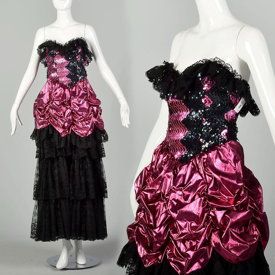 XXS 1980s Prom Dress Saloon Girl Pink Lame Gown Black Lace Sequin ...