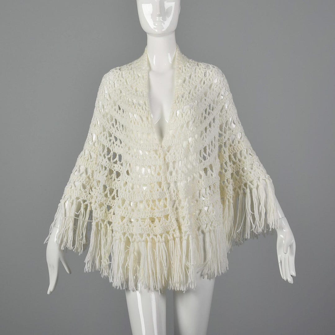 1970s White Open Crochet Shawl Crochet Wrap Fringe Trim Bohemian ...