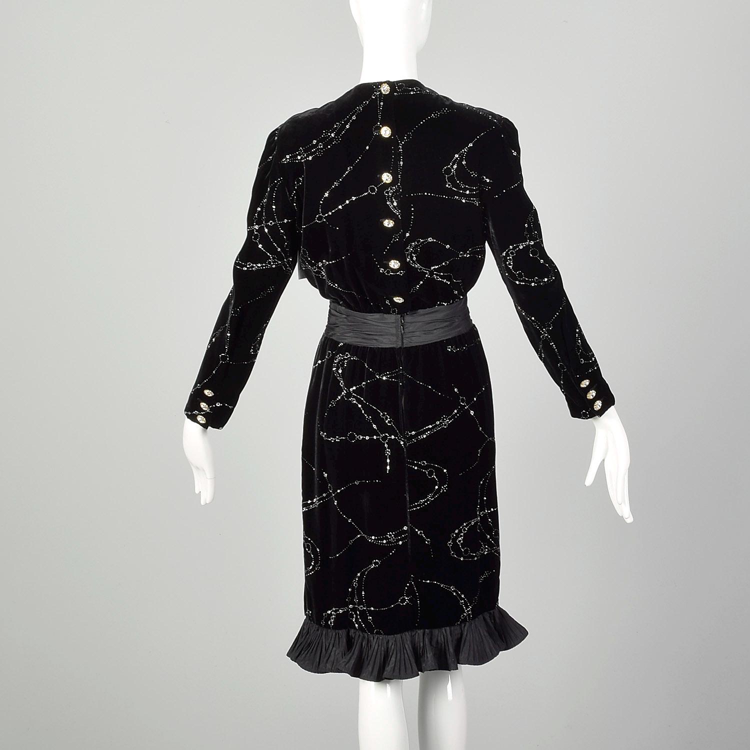 Large 1980s Escada Dress Black Velvet Glitter Ruffle Designer Vintage ...