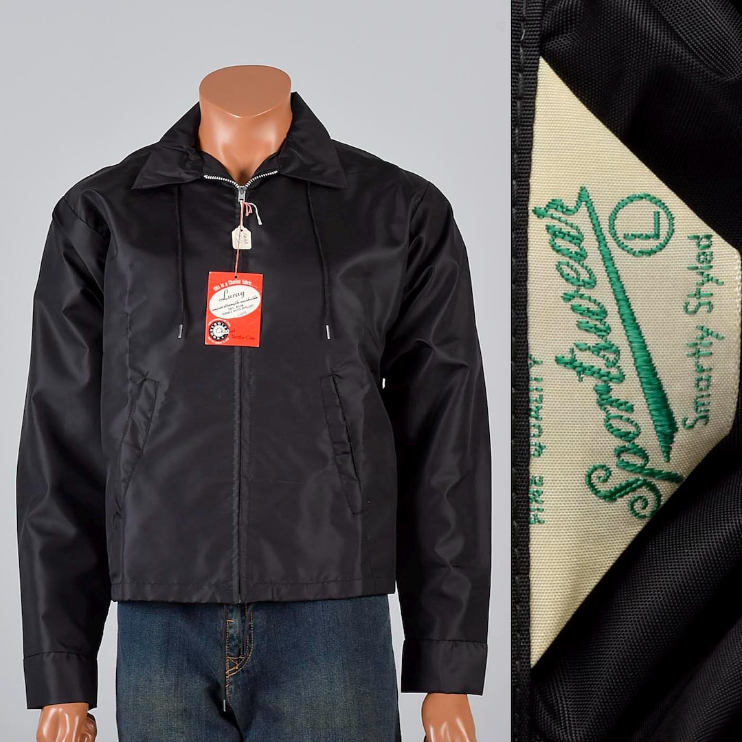 Large 1960s Mens VTG 60s NOS Black Nylon Vintage Windbreaker Car Club ...