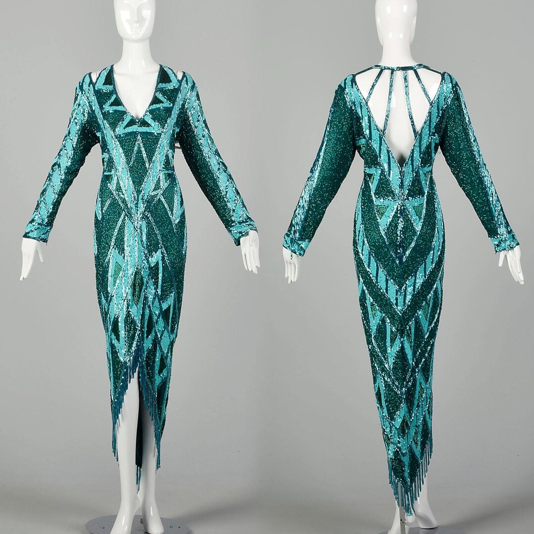 Large 1980s Bob Mackie Designer Vintage Cher Beaded Gown Caged Back Hi ...