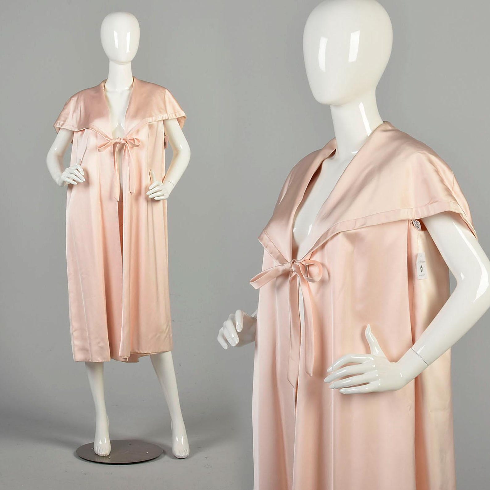 L-XL 1960s Satin Cape Baby Pink Front Tie Wide Shawl Collar Gilet ...
