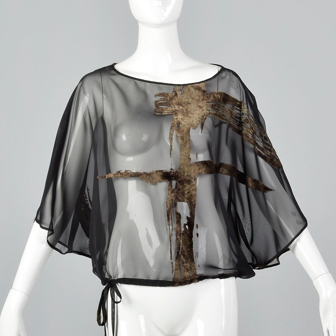XS 1990s Sheer Black Top Oversized Black Blouse Short Sleeves Velvet ...