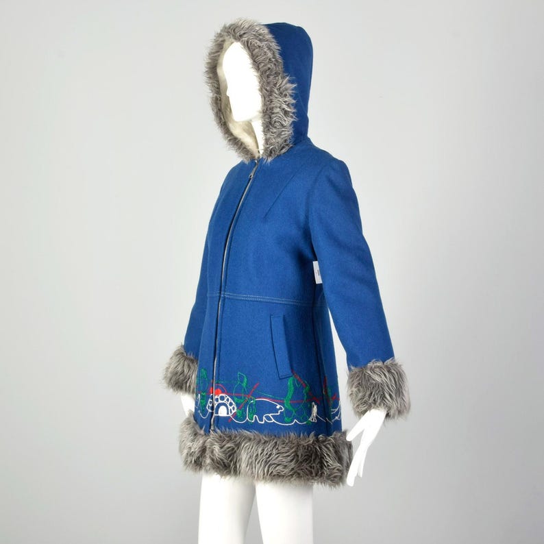 Small 1960s Novelty Coat Blue Wool Inuit Embroidery Hood Winter ...