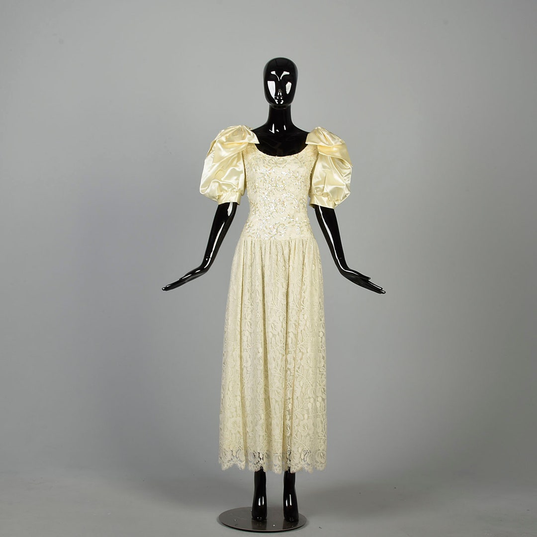 Small 1980s Jessica Mcclintock Ivory Dress Sequin Lace Puff Sleeve Drop ...