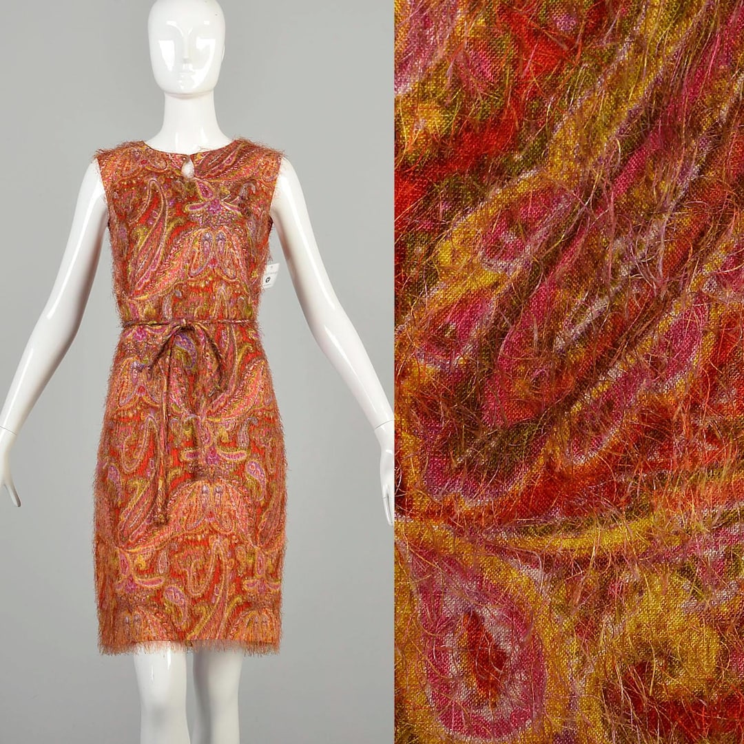 Small 1960s Orange Paisley Dress Psychedelic Fuzzy Eyelash Texture ...