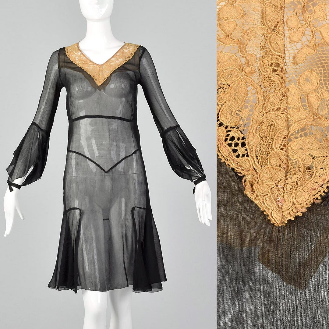 XXS 1920s Vintage Sheer Black Goth Drop Waist Dress Cream Lace V-neck ...