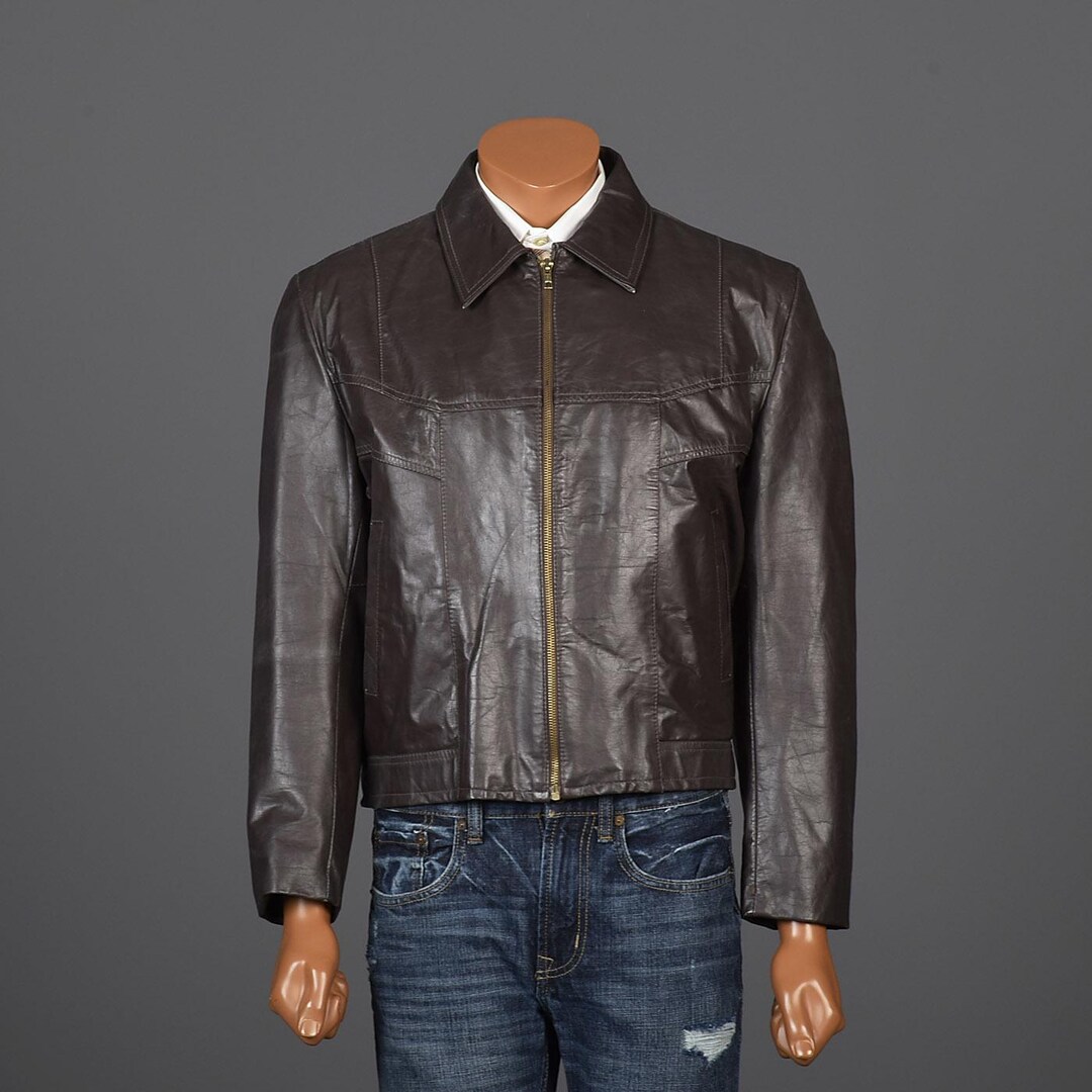 Large 1980s Mens Leather Jacket 80s Brown Jacket Vintage Zip up Leather ...