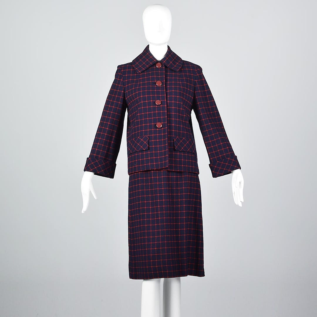 XS 1960s Skirt Suit 60s Wool Suit Navy Blue Red Windowpane Boxy Jacket ...