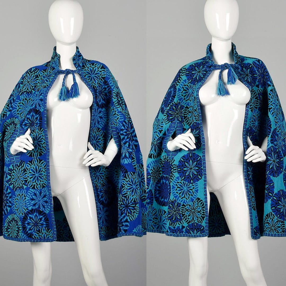 OSFM 1970s Reversible Blue Floral Tapestry Cape Medallion Geometric ...