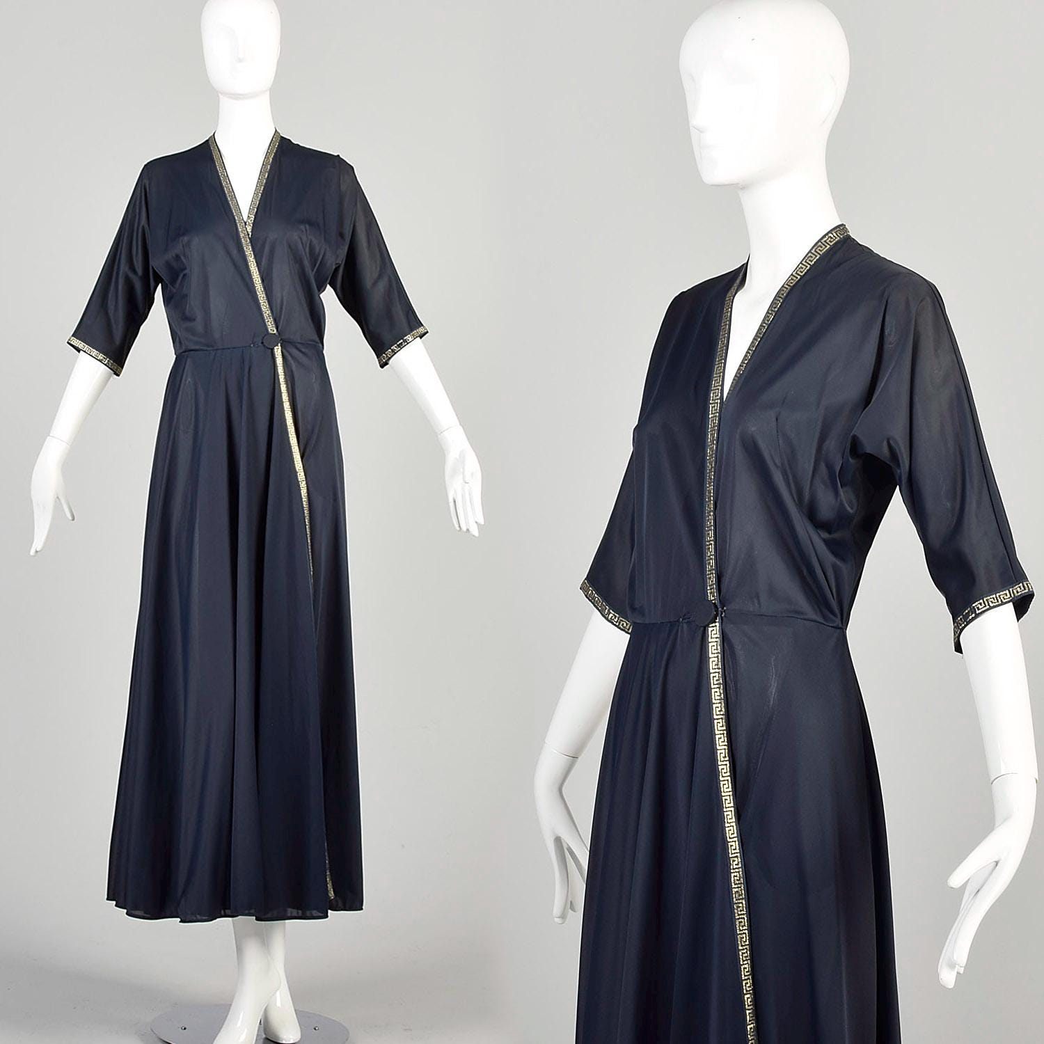 XS 1950s Navy Blue Robe Gold Trim Half Sleeve Wrap Silky Nylon Dressing ...