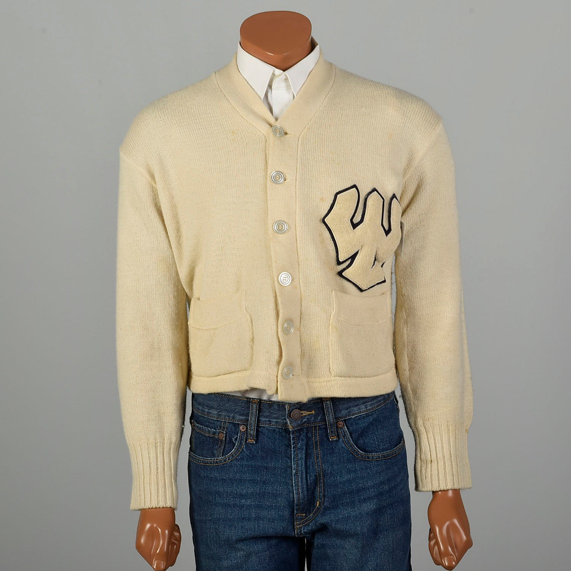 Large 1950s Vintage Cardigan Cream Off-white Fraternity Emblem Patch ...