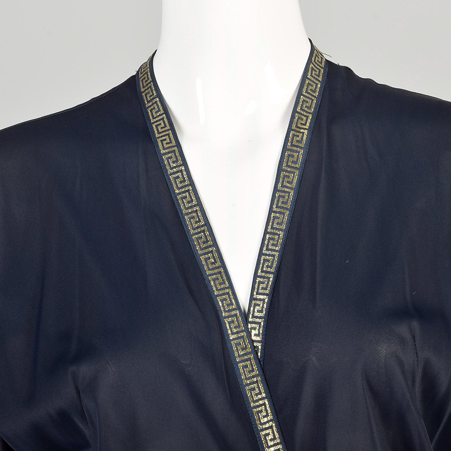 XS 1950s Navy Blue Robe Gold Trim Half Sleeve Wrap Silky Nylon Dressing ...