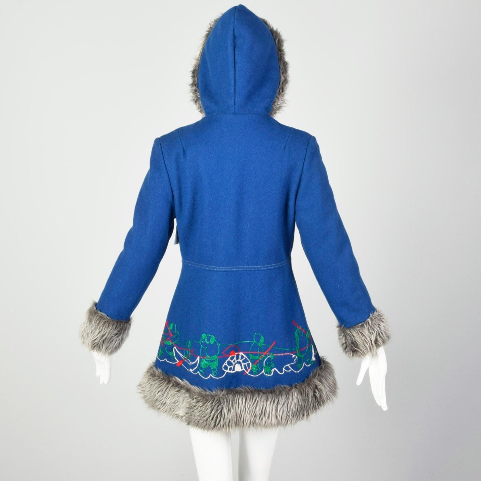 Small 1960s Novelty Coat Blue Wool Inuit Embroidery Hood Winter ...