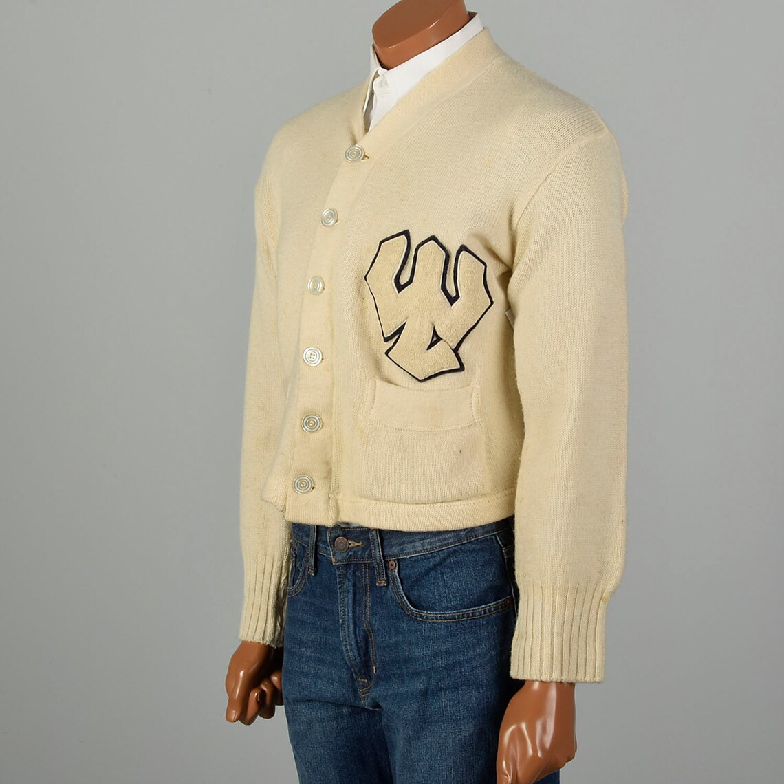 Large 1950s Vintage Cardigan Cream Off-white Fraternity Emblem Patch ...