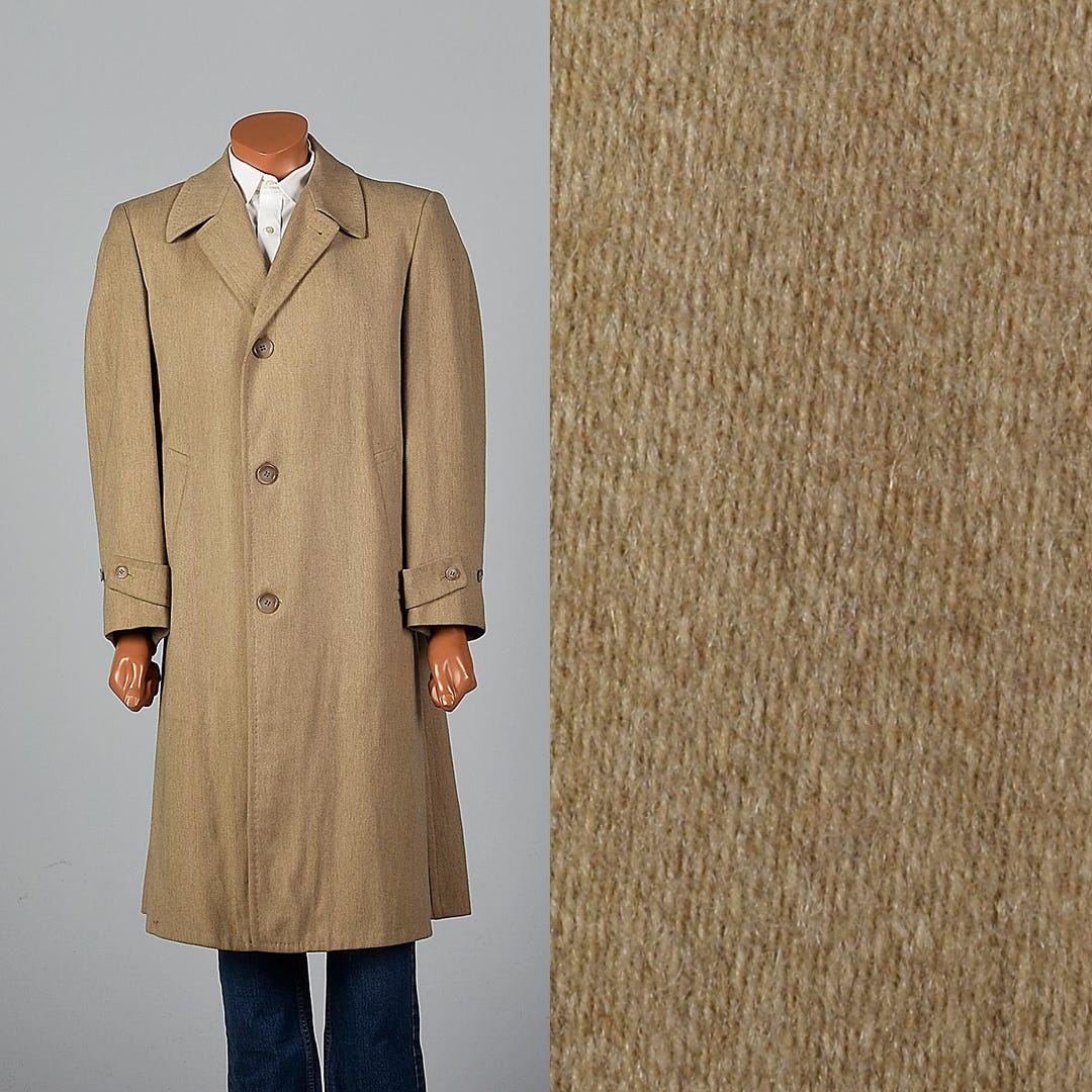 42 Mens 1950s Tan Wool Winter Coat Overcoat Long Sleeves Single Vent ...