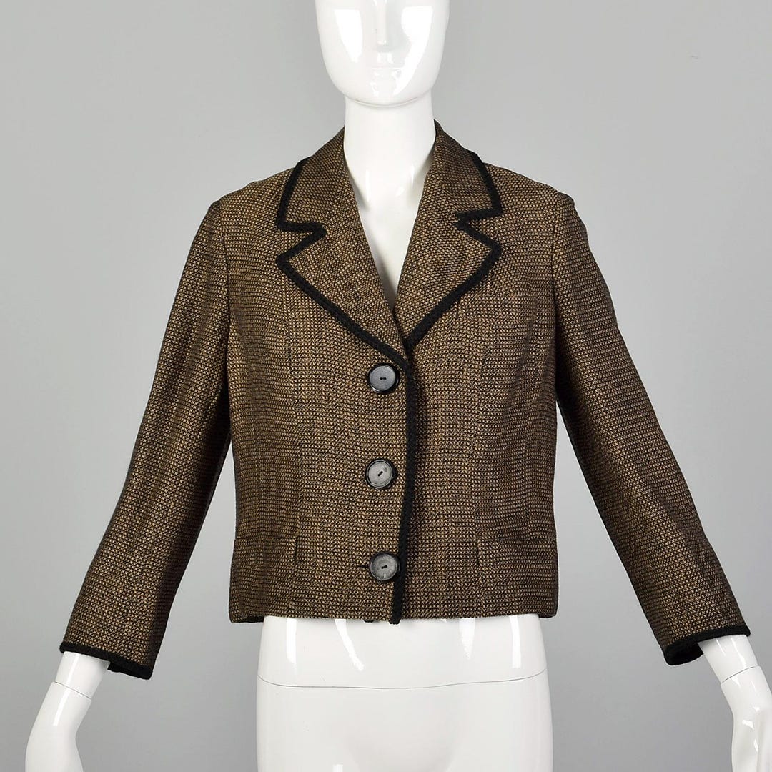 Large 1960s Brown Jacket Boxy Tweed Black Trim 3/4 Sleeves Vintage ...