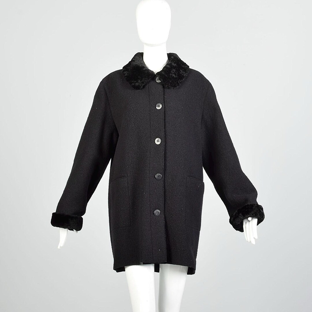 Large 2000s Coat With Faux Fur Cuffs and Collar Black Wool Buttoned - Etsy