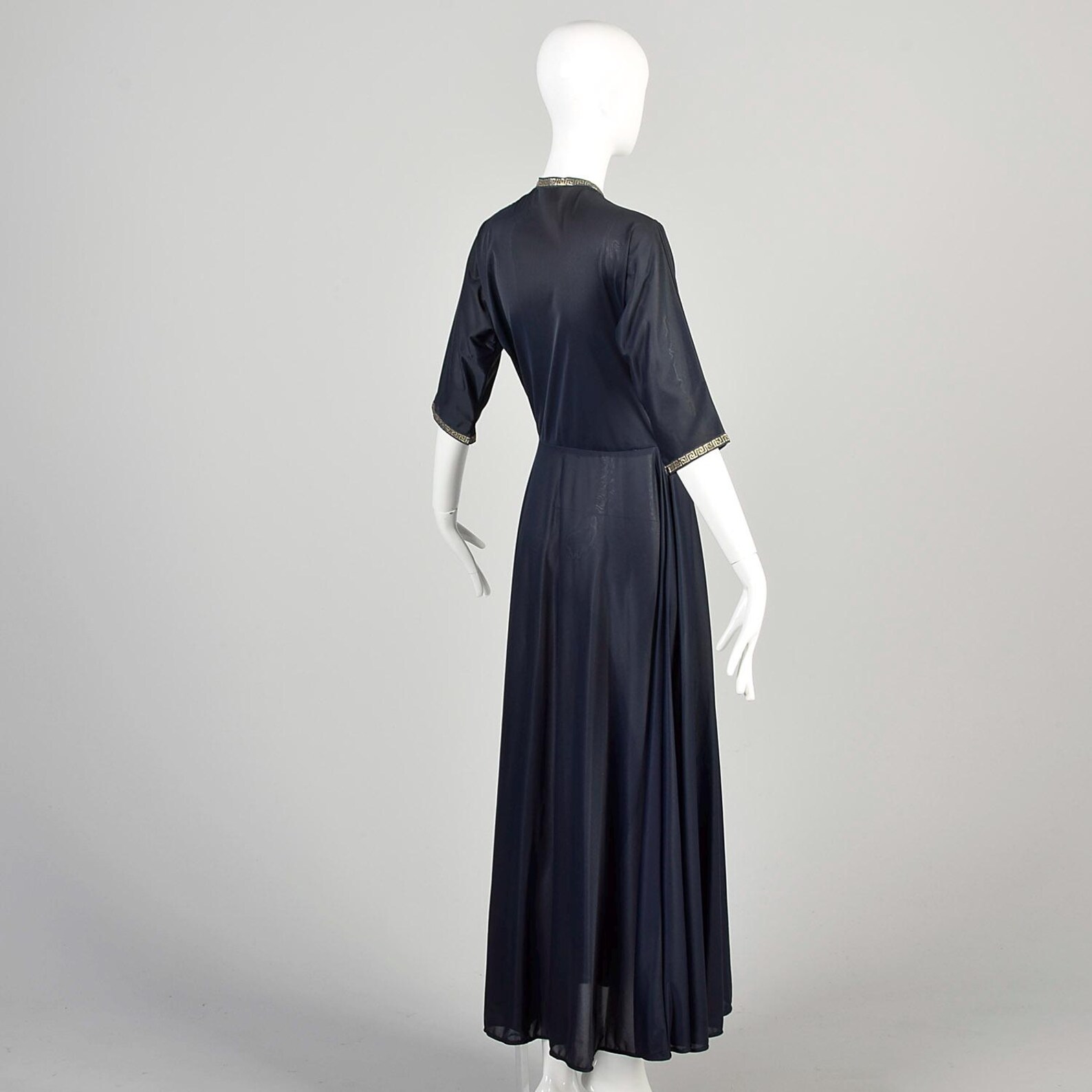 XS 1950s Navy Blue Robe Gold Trim Half Sleeve Wrap Silky Nylon Dressing ...