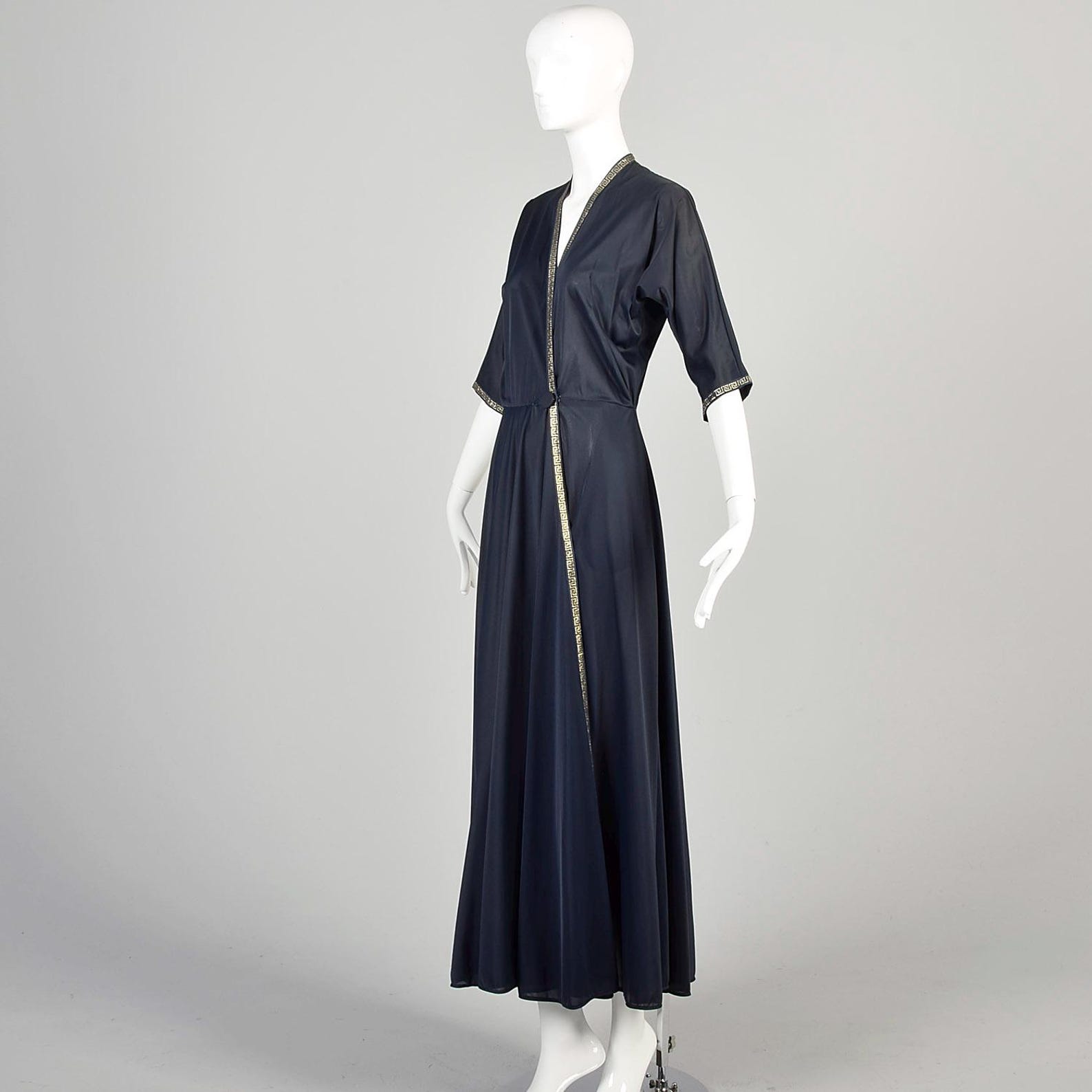 XS 1950s Navy Blue Robe Gold Trim Half Sleeve Wrap Silky Nylon Dressing ...