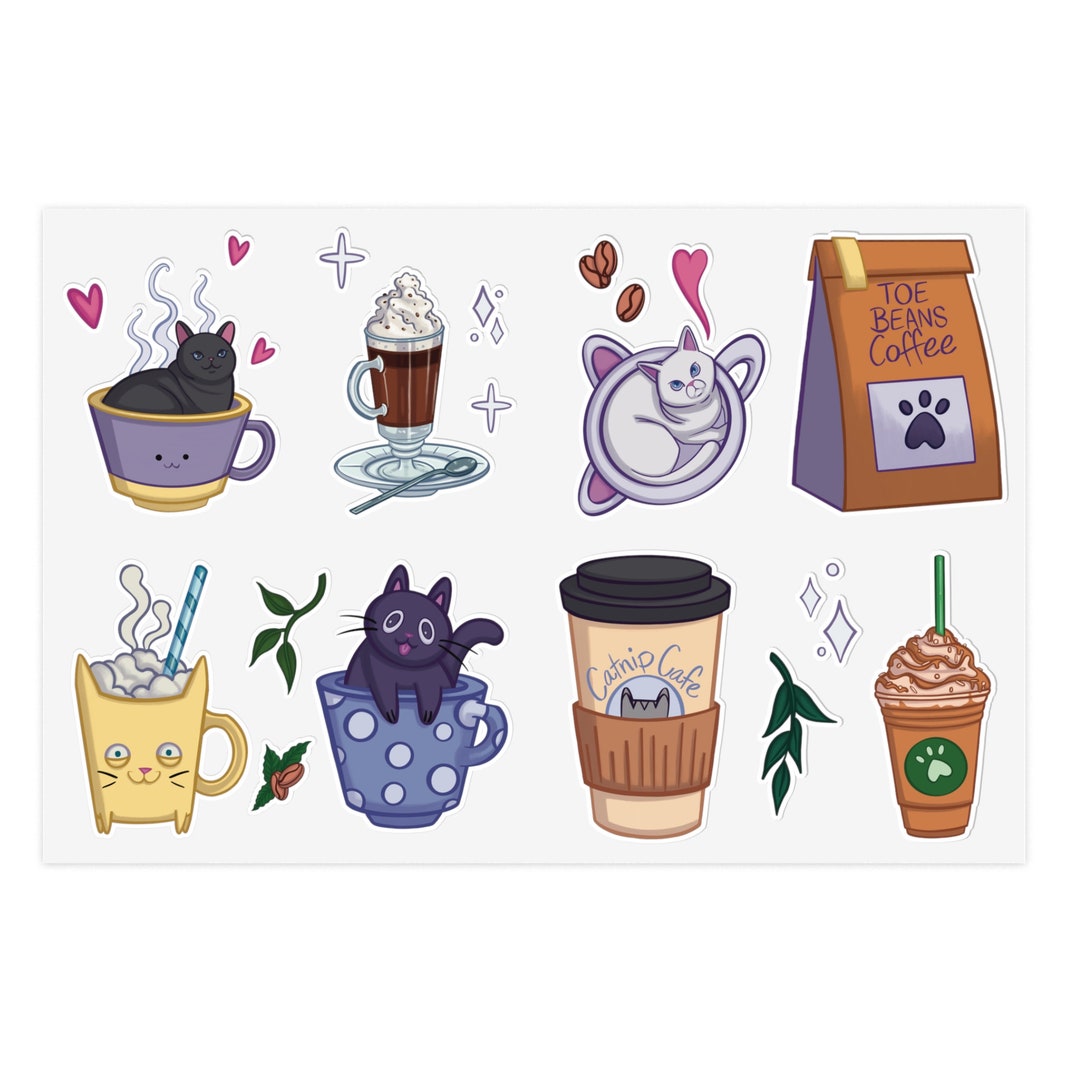Cute Kitty Cafe Sticker Sheet , Cute Cats and Coffee Sticker Set ...