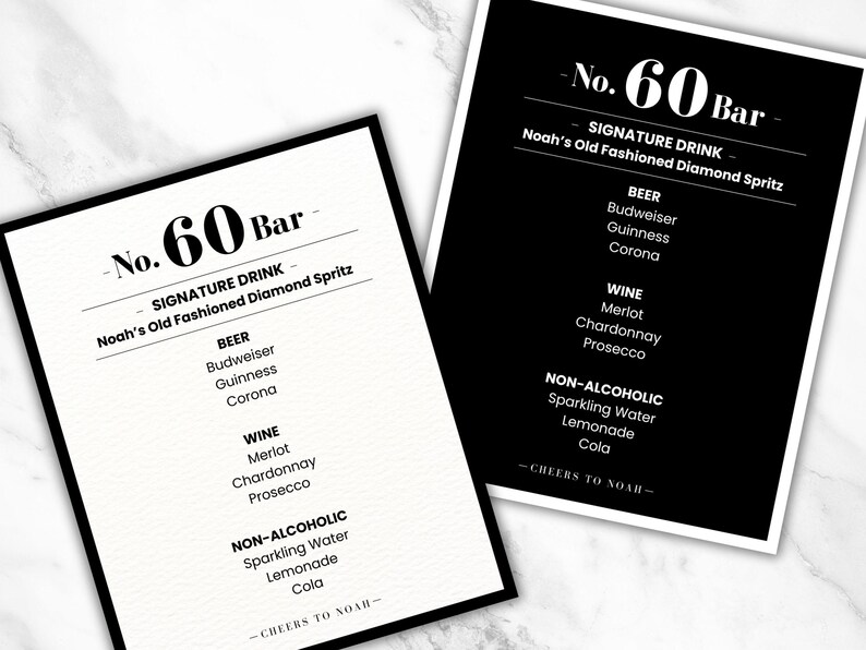 60th Birthday Bar Sign Template: Black & White Drink Menu (digital ...